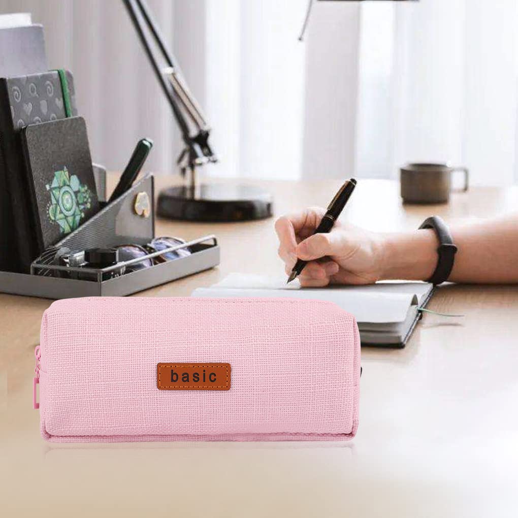 Oyachic Small Pencil Case Zipper Coin Pouch Canvas Pen Holder Marker Cosmetic Makeup Bag for Office Compact Adult Business,Pink