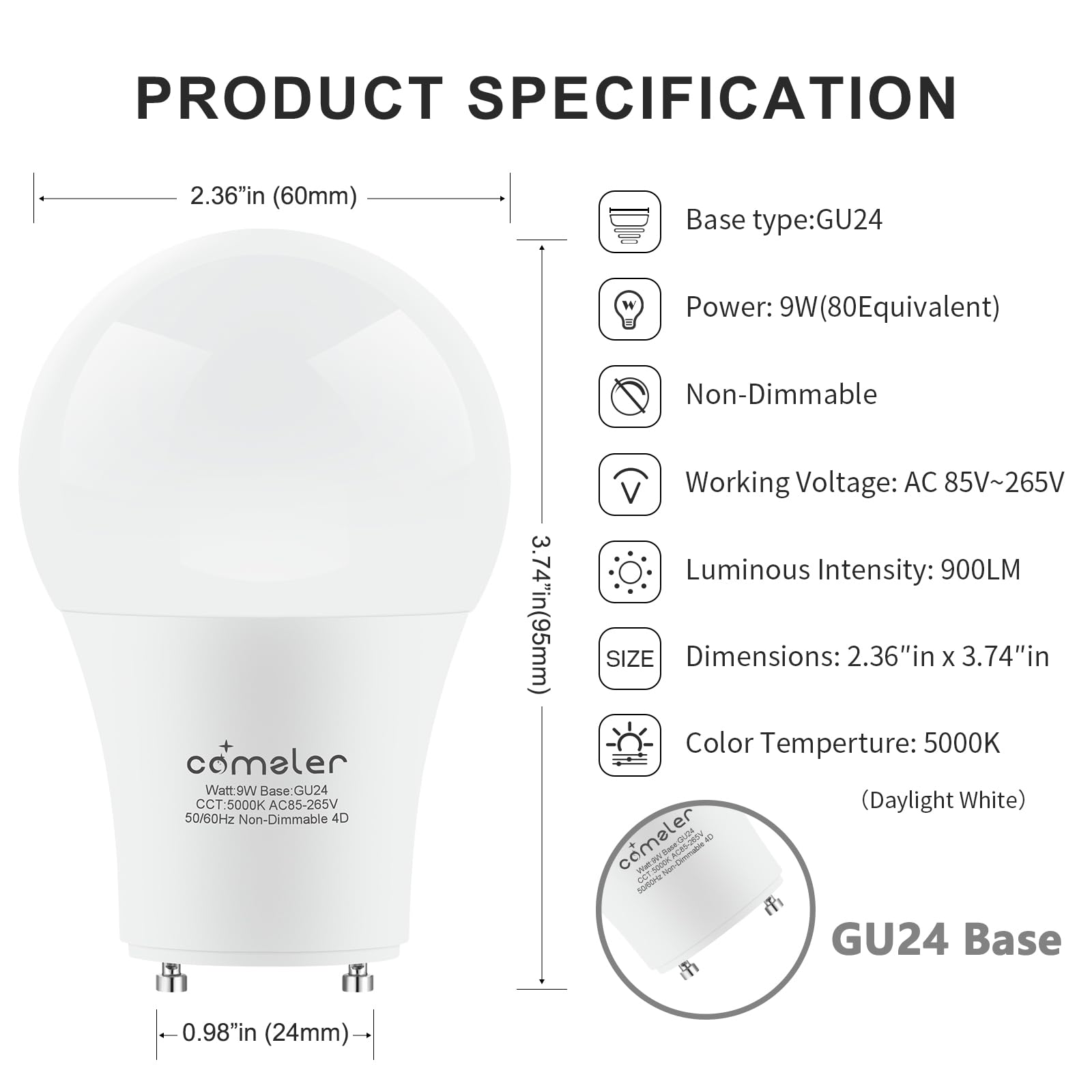 comzler GU24 Light Bulb,GU24 LED Bulb 9W Equivalent 80W, GU24 Base Twist in Light Bulb Daylight 5000K 900 Lumens,A19 CFL Replacement,Non-dimmable Bulb for Ceiling Fan 4 Pack