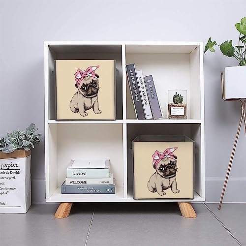 Cute Pug Dog Storage Cubes with Handles Foldable Fabric Bins Organizing Baskets for Shelves Closet