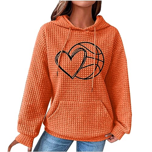 DOLKFU my recent orders placed by me womens sweatshirt Oversized Sweatshirt for Women Long Sleeve Cute Heart Graphic Print Waffle Hoodies Trendy Pullover with Pocket Orange XXL