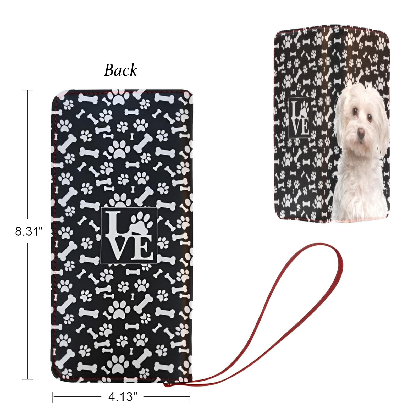 Women's Leather Wallet Long Lady Clutch Purse Print Maltese Dogand Dog Paws, Dog Mom Gifts