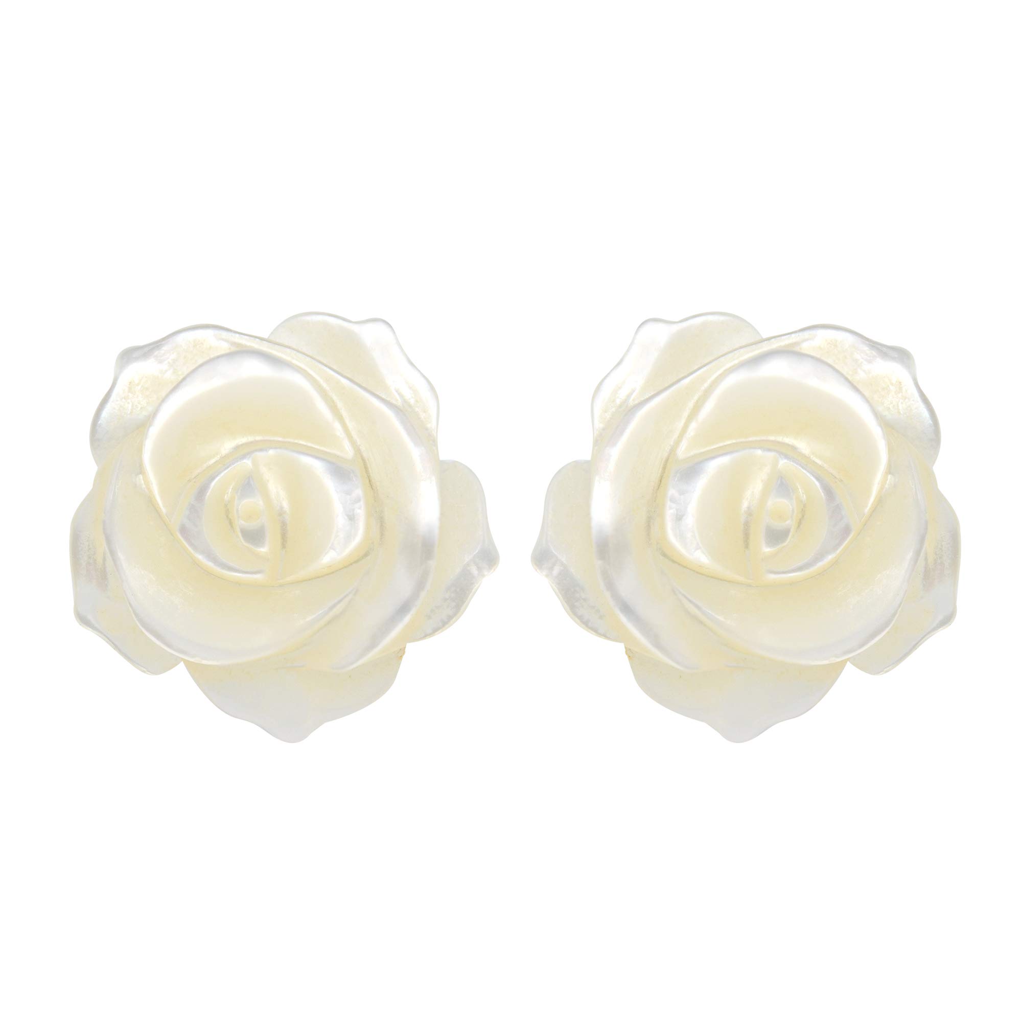 Delicate Pure White Rose Carved from Mother of Pearl Stud Earrings