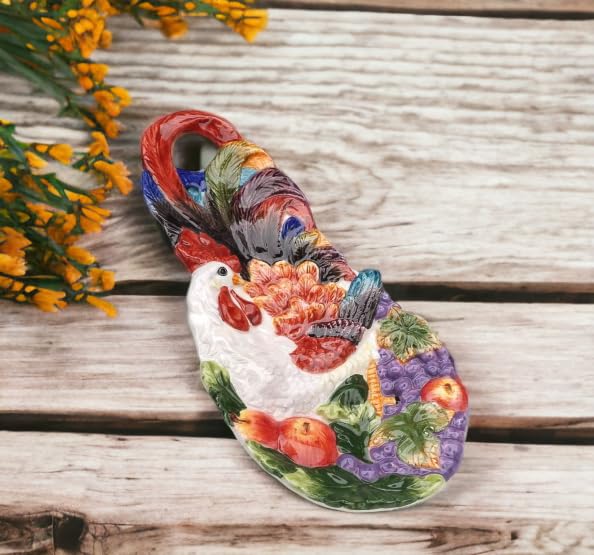 Fine Ceramic Colorful Farmhouse Country Rooster with Fruits Design Spoon Rest, 7 1/2" L