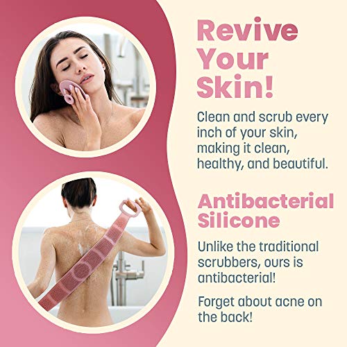 Silicone Back Scrubber for Shower- 32 and 36 Inches Back Body Brush Extra Long for Exfoliating & Massaging Hygienic Back Washer with Handle, Shower Silicone Back Scrubber for Men and Women, Pink.