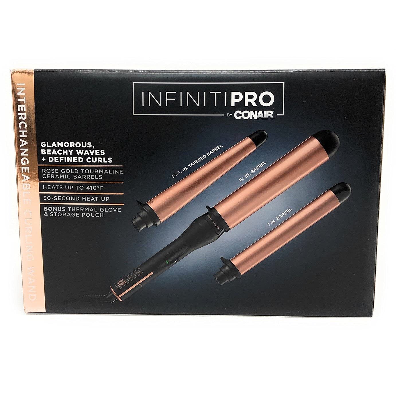Conair Ceramic Curling Iron Multi-Attachment Set Interchangeable 3 Clamp-less Curling Wand Barrel Set for Creating Curls and Wavy Styles with 5 Digital Heat Settings