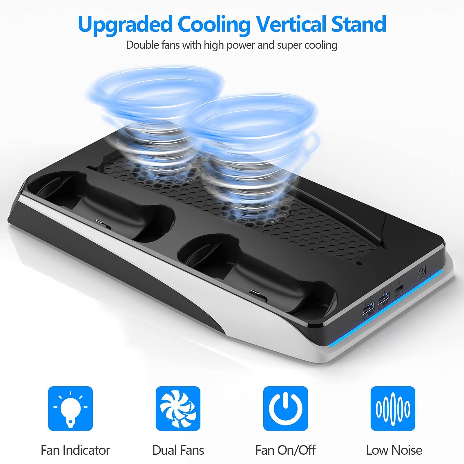 CYBERMIX PS5 Vertical Stand with Cooling Fans and Dual Controller Charger Station Compatible with Playstation 5 Disc & Digital Editions, Built-in 12 Game Storage, White+Black