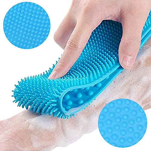Silicone Bath Body Brush, Exfoliating Silicone Body Back Scrubber, Deep Clean Back Acne & Bacne, Extra Long and Super Soft, Suitable for Women & Men (Blue)