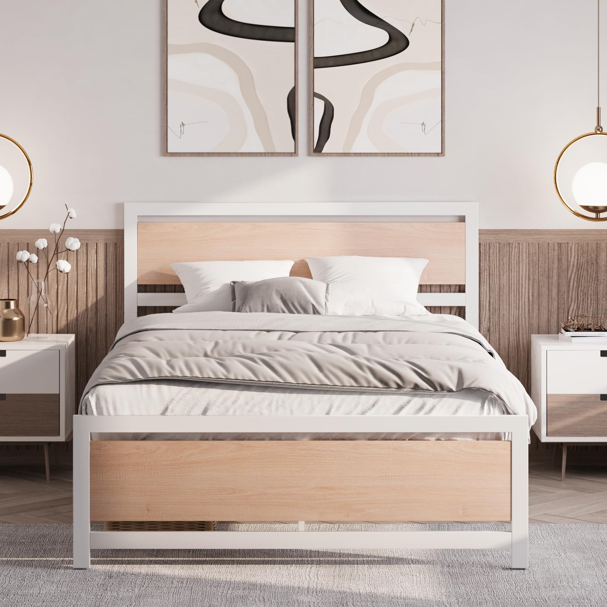 Merax Metal Platform Bed, Bed Frame with Wood Headboard and Footboard,No Box Spring Needed, Easy to Assemble, Full Size, White