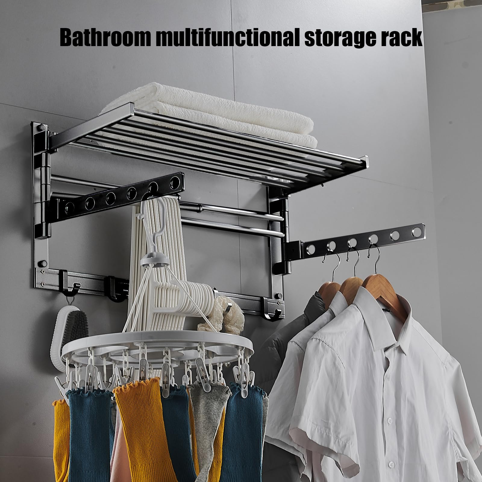 KIJINOGF Laundry Drying Rack with 6 Swing Arms Wall-Mounted Swivel Clothes Dryer Rack 2 Swivel Bars with 6 Holes, Space Saver Foldable Laundry Room Organizer, Aluminum 15.8" 1 Pack(Black)
