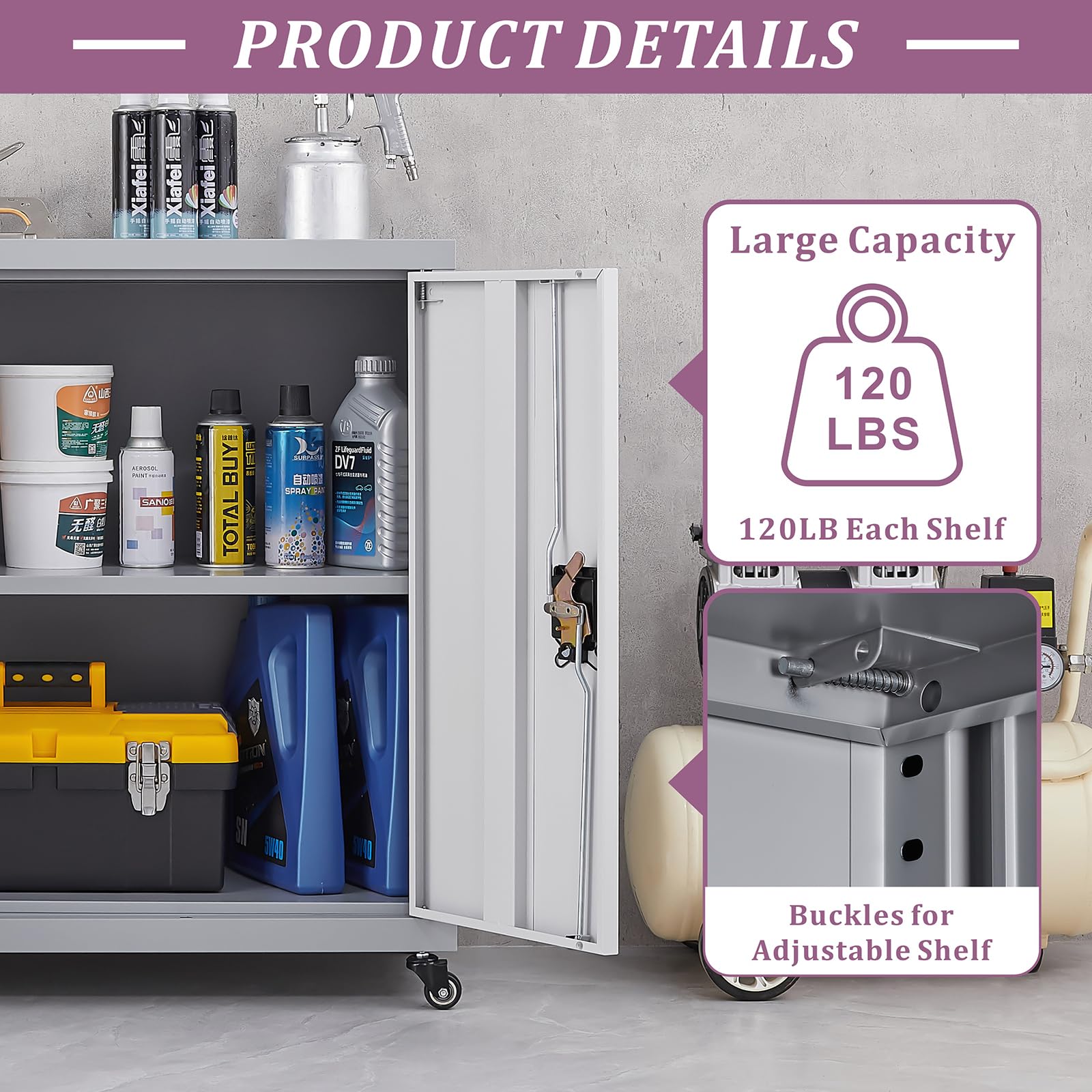 LUCYPAL Garage Storage Cabinet with Lockable Doors, Metal Storage Cabinet with Adjustable Shelf, Tool Cabinet with Wheels for Garage Office Home, Kitchen,Living Room,Grey
