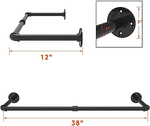 MY RUSTIC Industrial Pipe Clothing Rack, Rustic Pipe Hanging Rod for Closet Storage, Wall Mounted Multi Purpose Hanging Rod (Black, 38 Inch) (2P)