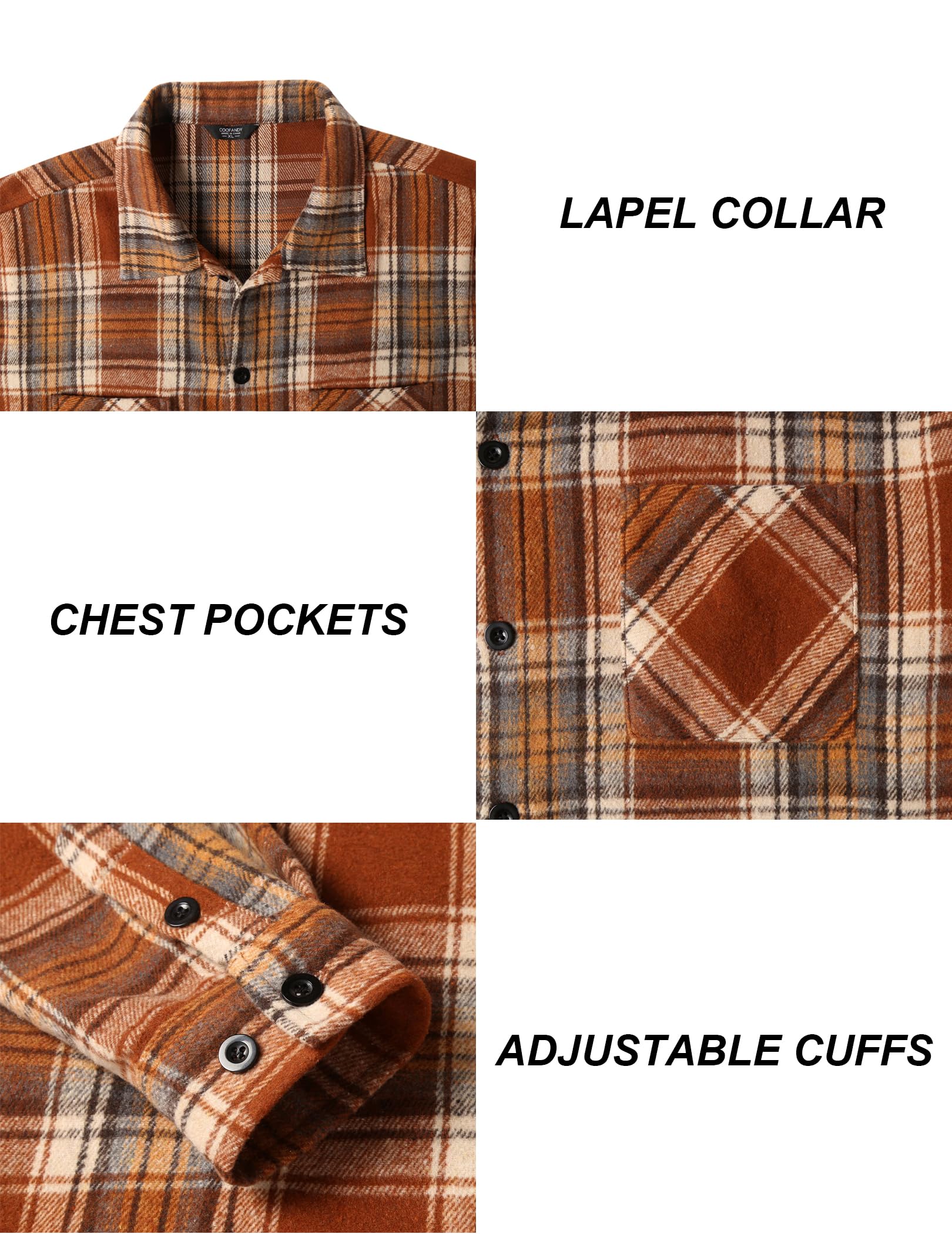COOFANDY Men's Brown Flannels Plaid Shirts Regular Fit Long Sleeve Button Down Shacket Vintage Western Shirts