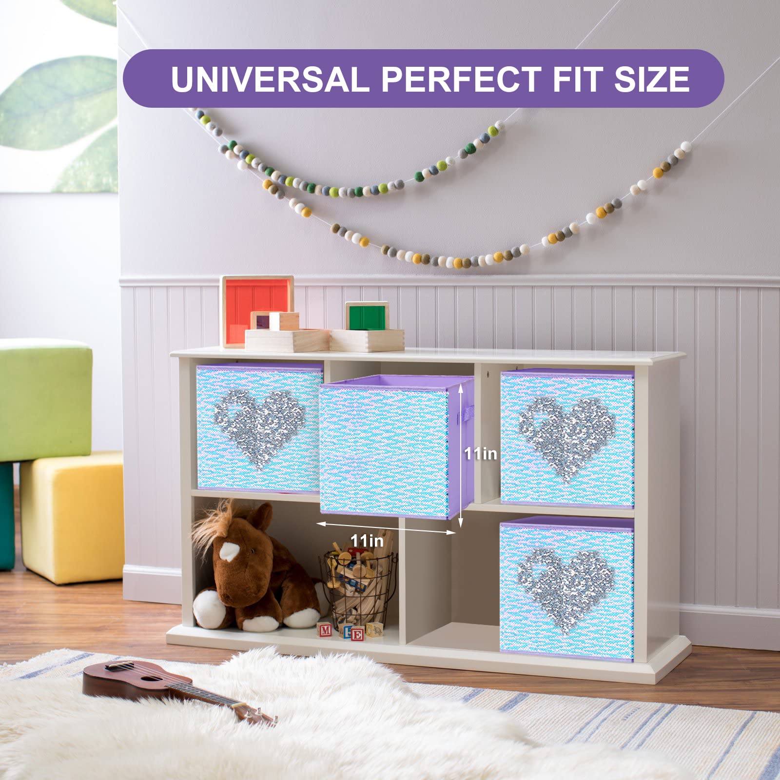 ELUCHANG Foldable Sequin Storage Basket Bin Closet Cubes Kids Toys Organizer Boxes, Collapsible Fabric Cubby Storage Bins for Girls,Organizing,Babies,Nursery,Shelves 11x11x11 (Purple,4PCS)