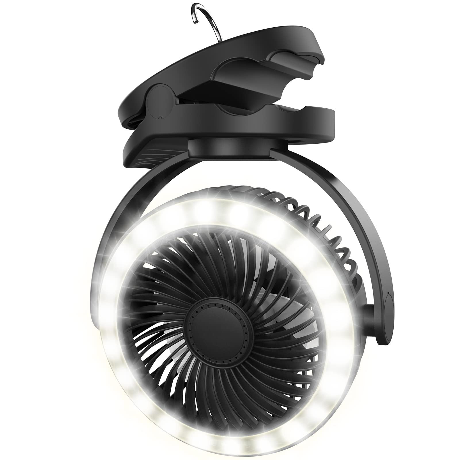 zoolb 10000mAh Camping Lantern Fan, 4 Speeds Clip On Fan, Battery Operated Fan, Portable Personal Fan, 360° Rotation, Time Setting, 40 hrs Working Time, for Tents, Gym, Home, Black