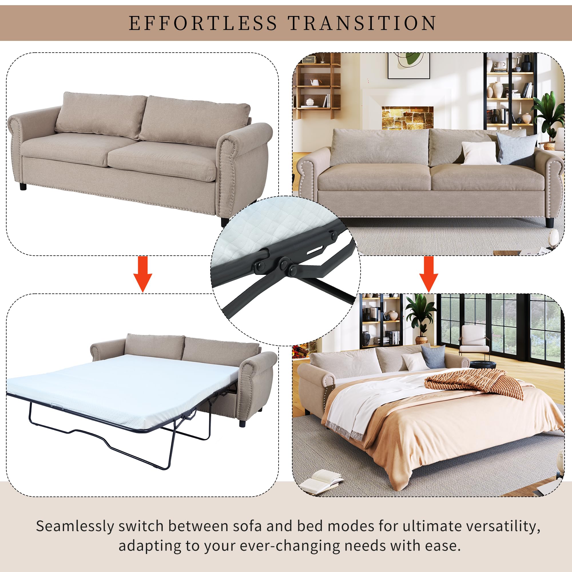 Merax Pull Out Sofa Bed, Queen Sleeper Couch with Memory Foam Mattress, Folding 2-in-1 Design, for Living Room, Guest Bedroom, Office, Beige