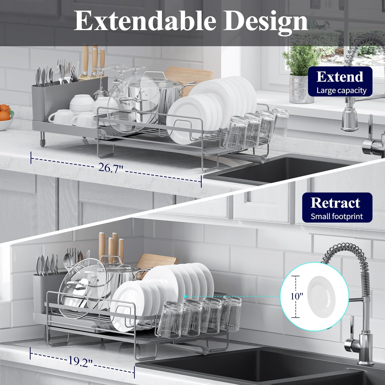 Kitsure Extendable Dish Rack, Large Drying Dish Rack with Cutlery & Cup Holders, Dish Racks for Kitchen Counter, Multifunctional Dish Racks for Counter with Drainage 27" L x 12.9" W, Grey
