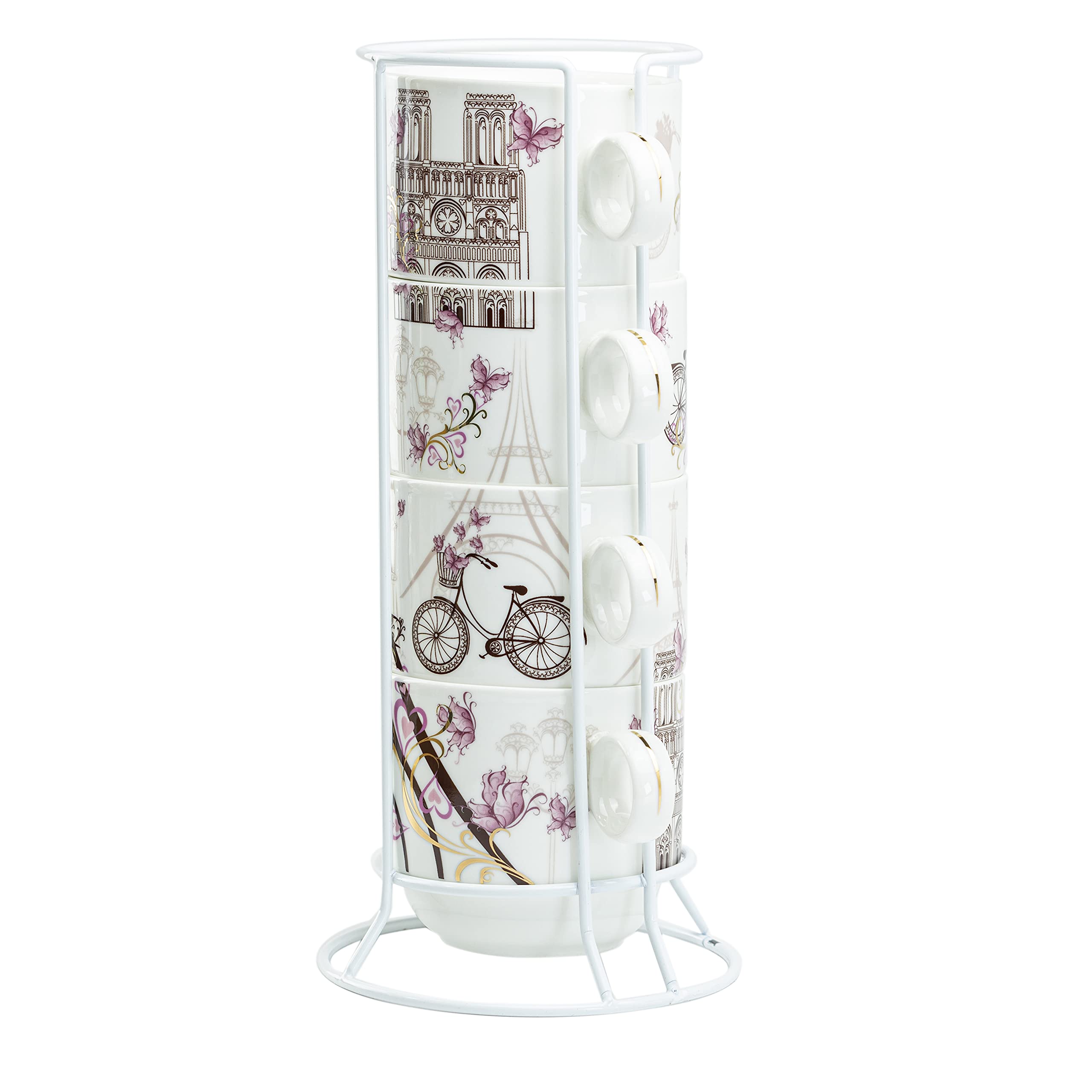 Grace Teaware Stackable Coffee Tea Mug 10-Ounce Set of 4 with White Metal Stand (Paris Eiffel Tower Pink Gold)