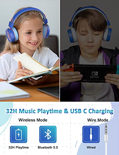 New bee Kids Bluetooth Headphones with Microphone Bluetooth 5.0 Wireless Kids Headphones with 32H Playtime/94dB Volume Limited On Ear Headphones for School/Girls/Boys/iPad/Fire Tablet(Blue)