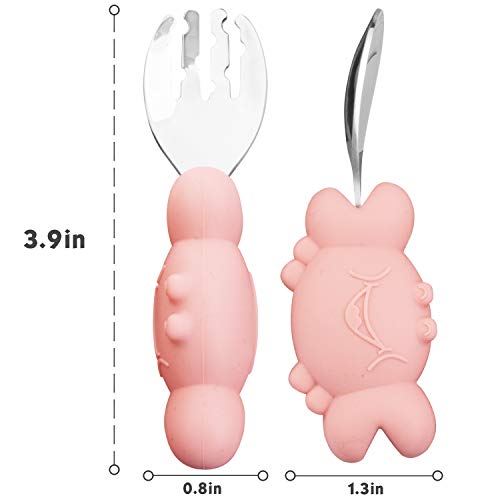 Silicone Suction Plate for Toddlers with Fork Spoon Set - Self Feeding Training Divided Plate Dish and Bowl for Baby and Toddler, Fits for Most Highchairs Trays (Pink)
