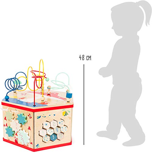 Wooden Activity Cube XL Size by Small Foot โ Classic 7-Sided Interactive Toy with Bead Maze, Puzzle, Shape Sorter, Clock & Wheels - Develops Kids Dexterity, Motor Skills โ Age 12+ months