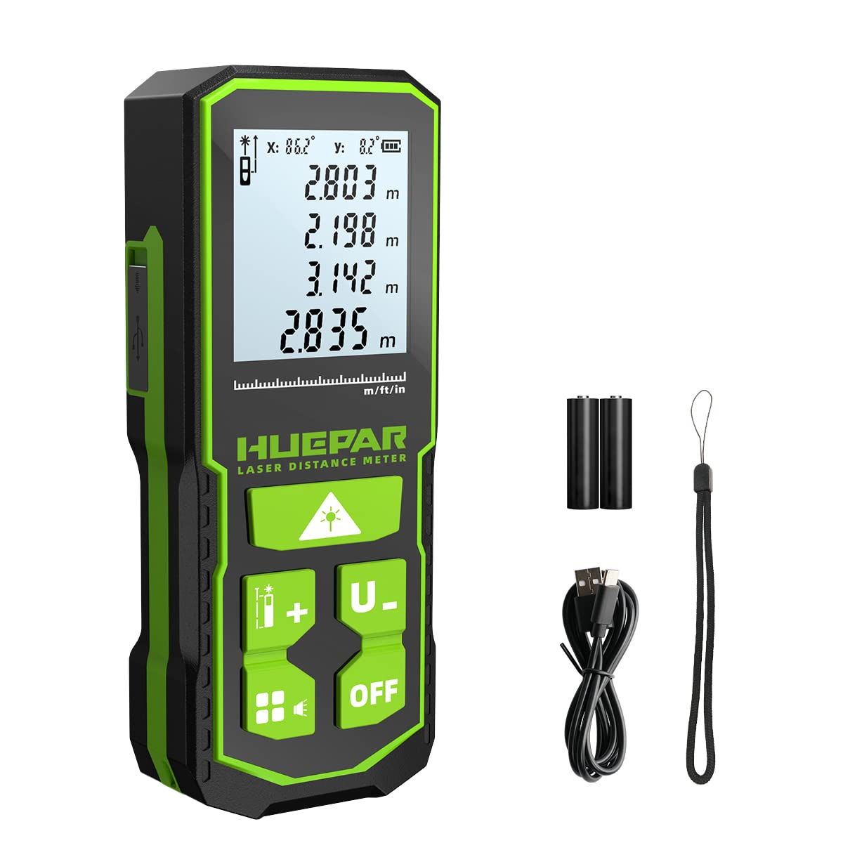 Huepar Laser Distance Measure 393Ft(120M) with Rechargeable Battery & Dual Angle Display, Laser Measure M/in/Ft with Mute Function & Multi-Measurement Modes, Pythagorean, Distance, Area&Volume-S120