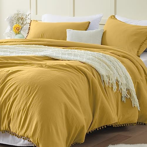 Newspin Duvet Cover King Size Pom Pom Fringe Yellow,3Pcs Soft Breathable Washed Microfiber Boho Bedding Duvet Cover Set with Zipper Closure,1 Duvet Cover(104"X90") and 2 Pillow Shams(No Comforter)