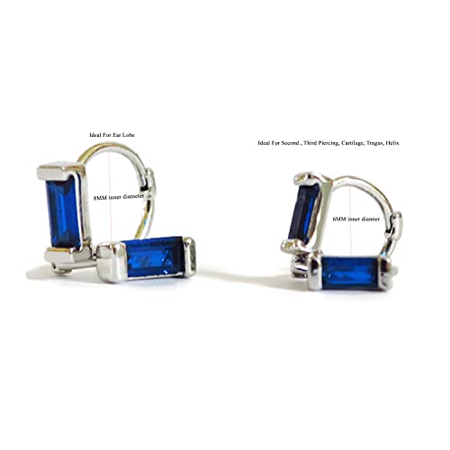 Sterling Silver Blue Sapphire TINY HUGGIE 8mm Layering Earrings Baguette Cubic Zirconia Gemstone Hypoallegic Nickel Free Lead Free Made In U.S.A (Rhodium Sterling Silver A Pair)