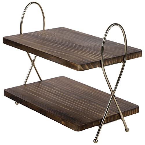 MyGift 2 Tier Burnt Wood and Brass Metal Server Cupcake Holder Stand, Dessert and Appetizer Tower, Buffet Serving Riser Display