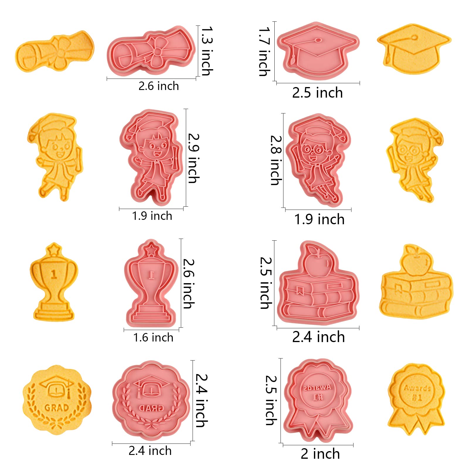 Graduation Cookie Cutters Set, 8 Pcs Cookie Cutter with Plunger Stamps, Cute Cookie Cutters for DIY Biscuit Snacks Cheese Baking