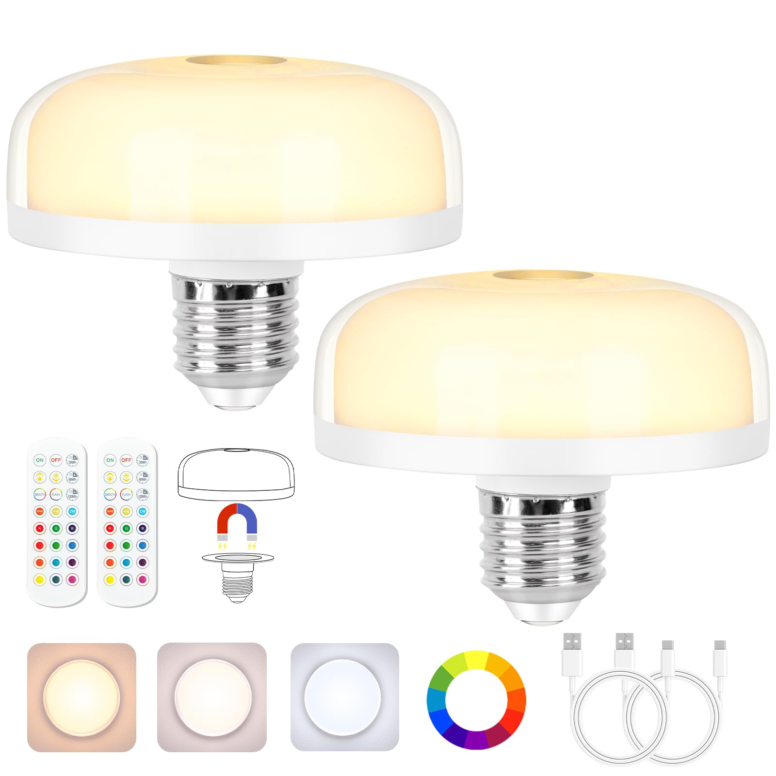 Rechargeable Battery Operated Light Bulb, Wireless LED Puck Lights with Remote, 15 Color Changing,Timer,Dimmer,E26 Detachable Charging,Closet Light No Wiring,Mood Light for Kitchen Cabinets,2-Pack