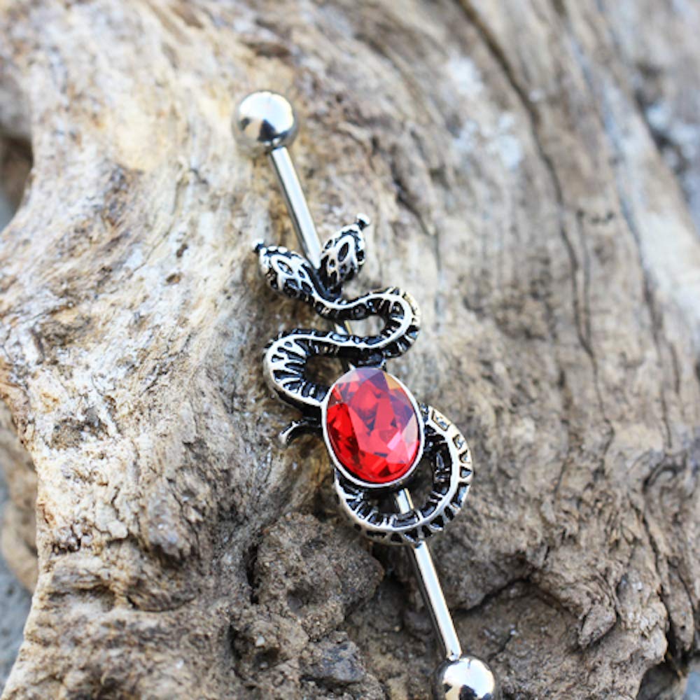 Covet Jewelry 316L Stainless Steel Two-Headed Snake with Ruby Red CZ Industrial Barbell
