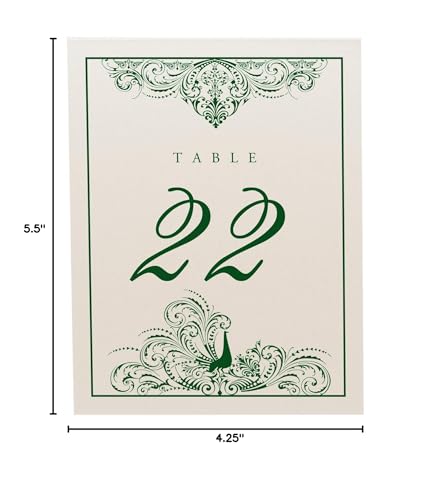 Peacock Flourish Wedding Table Numbers (Select Color/Quantity), Champagne, Hunter Green, 1-15, Double Sided, Tent or Use in a Stand, Great for Parties & Restaurants