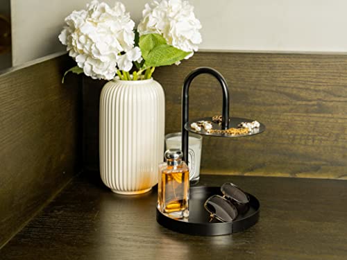 ikloo Round Tabletop 2-Tier Black Steel Cupcake Stand, Jewelry Organizer, Durable Attractive Jewelry Storage Rack | Desktop Tray for Dessert, Key & Accessories Storage in Bedroom, Bathroom, Entryway.