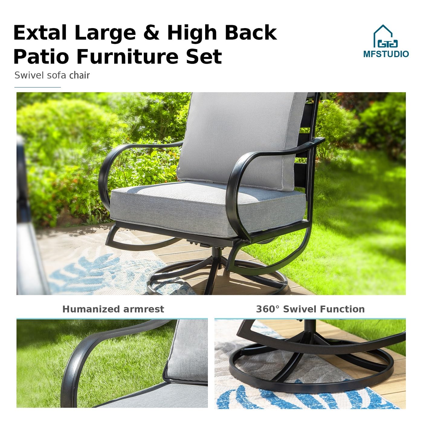 MFSTUDIO 4 Pieces Patio Conversation Sets,Outdoor Metal Furniture Sofas with 1 x 45 Rectangular Propane Fire Table,1 x 3-Seat Sofa, 2 x Swivel Chairs,Grey Cushion