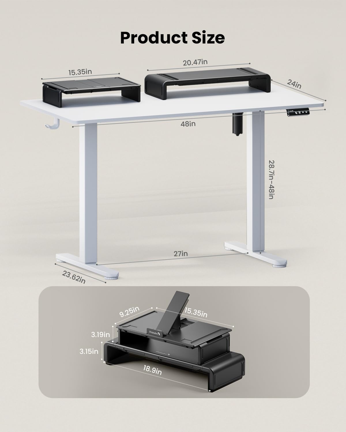ProtoArc Standing Desk with Dual Monitor Stand Riser, 48 x 24 Inches Height Adjustable Desk with Storage, Electric Stand up Desk with Laptop Stand (Black/White)