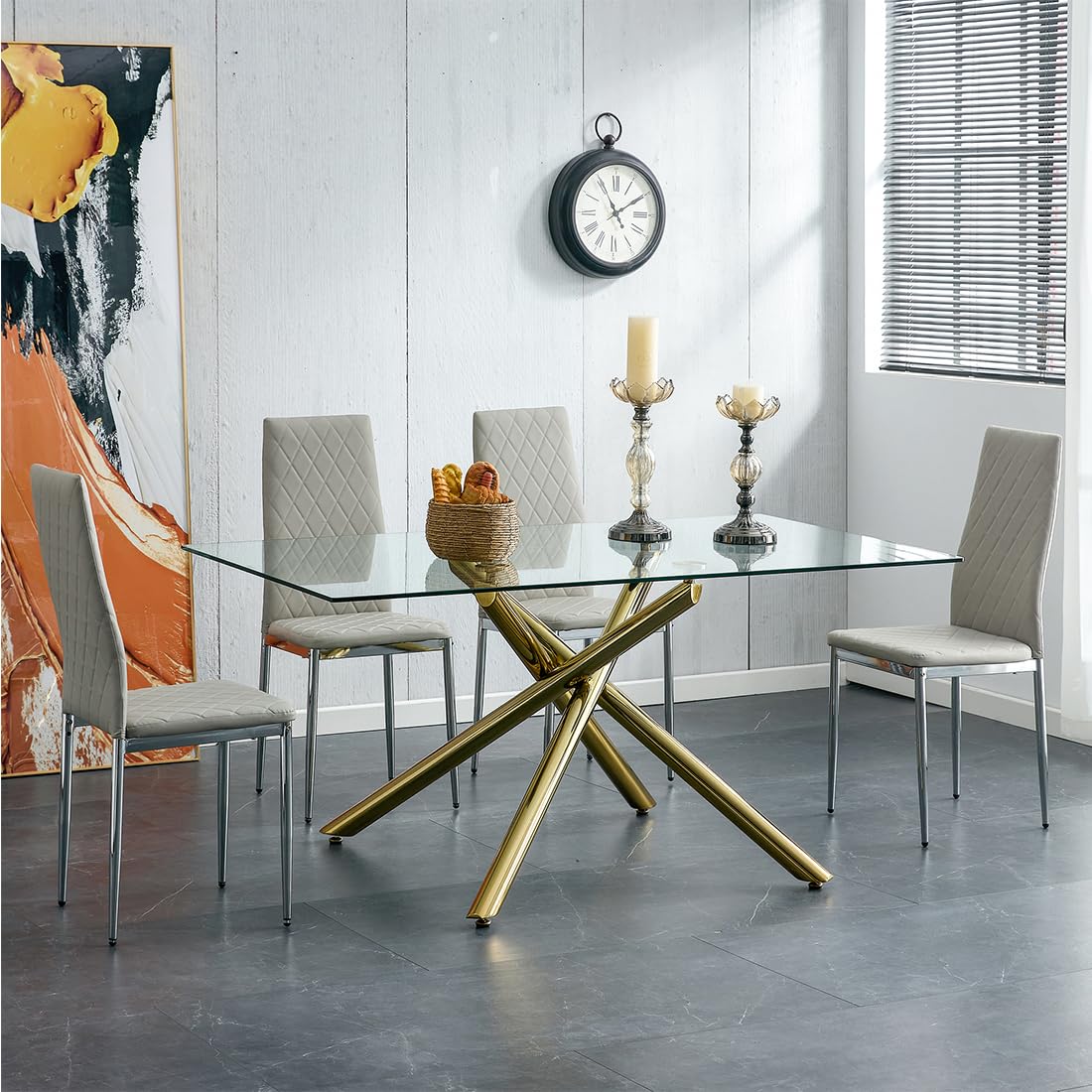 Dining Chairs Set of 4, Modern Mid Century Dining Chairs, Upholstered High Back Side Chairs with Grid Shaped Design & Metal Legs for restaurants/living rooms/kitchens and offices (Light Gray)