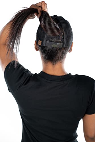 Funky Junque Criss Cross Hat Womens Baseball Cap Distressed Ponytail - Happy Camper - Black Camo