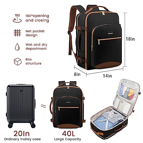 LOVEVOOK 40L Large Travel Backpack for Women, 17 Inch Carry on Backpack for Traveling on Airplane, Personal Item Travel Bag Airline Approved, Business Causal Weekender Backpack, Black