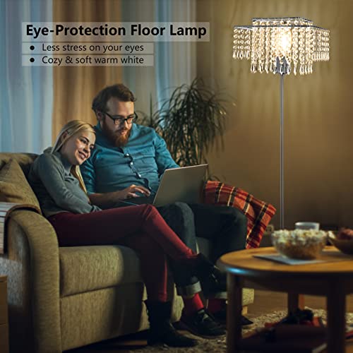 Mlambert Double-Layer Modern Lampshade Crystal Floor Lamp for Bedroom for Livingroom,Elegant Standing Lamp,61.57" Tall Pole Lamp,Suitable for Bedroom,Livingroom,6W LED Bulb Included,Silver
