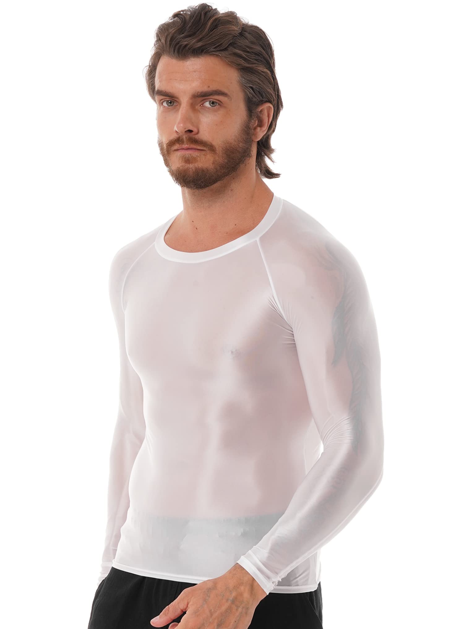 Doomiva Mens Long Sleeve Tops Round Neck Skinny T-Shirt Solid Color Elastic Sportswear Shapewear White Large