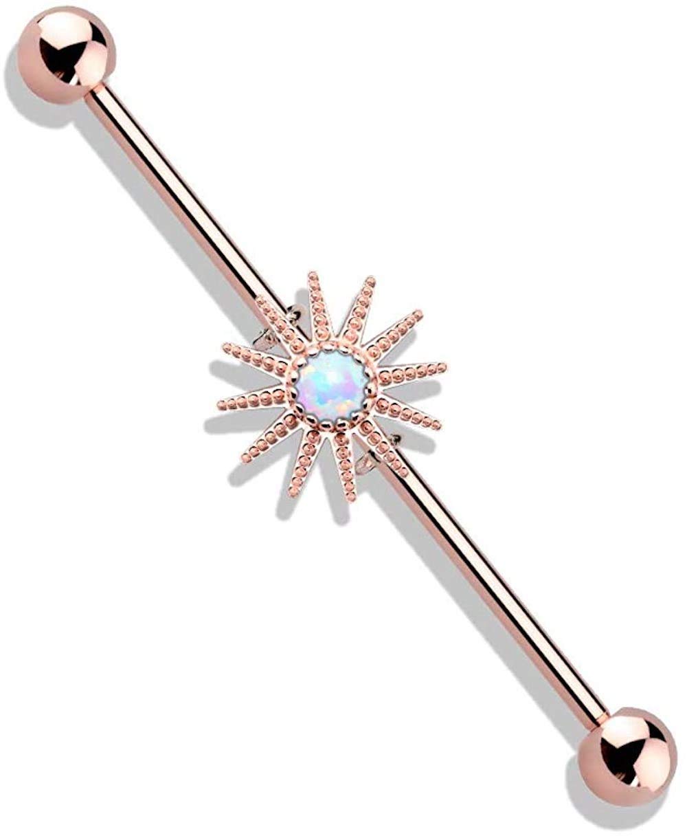 Covet Jewelry Opal Center Sunburst 316L Surgical Steel Industrial Barbell (Rose Gold/Opal White)
