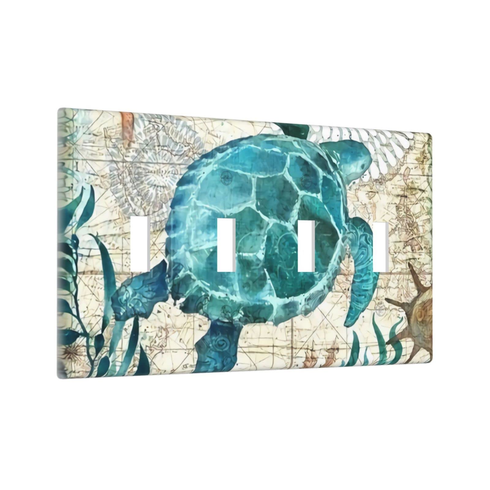 Sea Turtle Quad Toggle Light Switch Cover 4 Gang Decorative Wall Plate for Kids Girls Bedroom Kitchen Funny Room Decor 8" X 4.50"