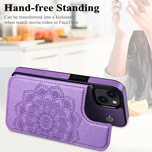 MMHUO for iPhone 14 Case with Card Holder, Flower Magnetic Back Flip Wallet Case for Women, Protective Case Phone Case, Purple