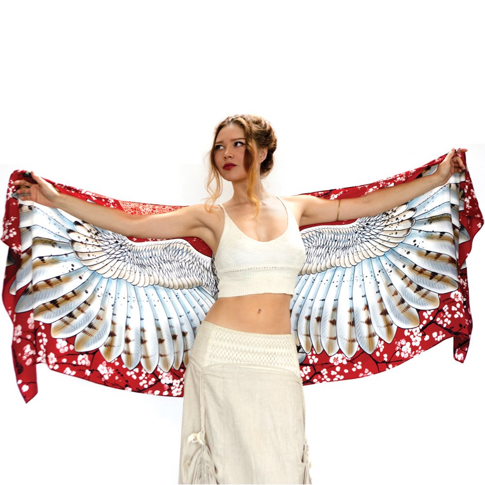 Designer Silk & Cashmere Scarf With Wide Spread Red & White Bird Feather Wings (Cherry Owl)
