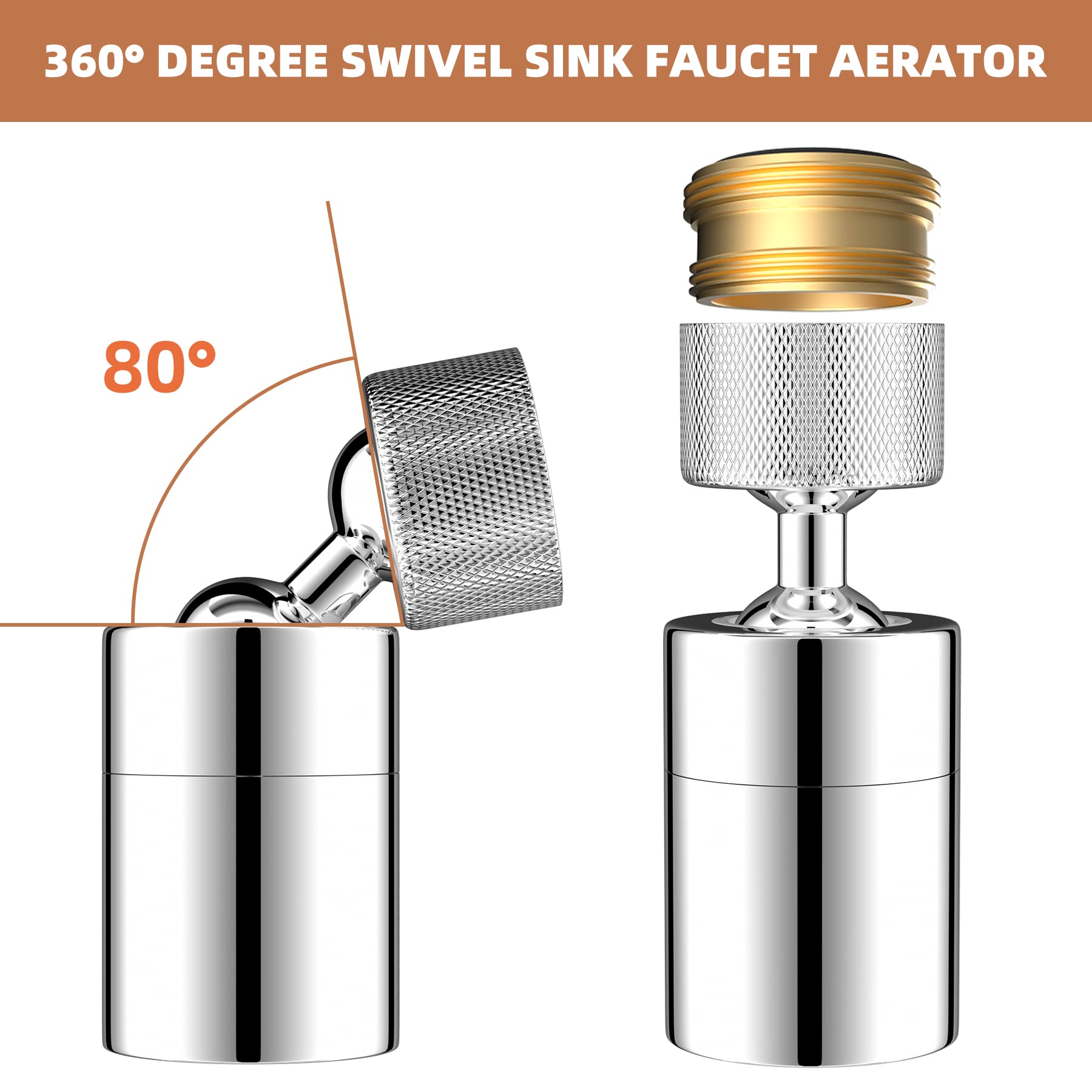 Hibbent Dual-function Female Faucet Aerator, 1.8 GPM Extra Big Angle Rotate Kitchen Sink Aerator Sprayer Head 360 Degree Swivel Kitchen Sink Sprayer Attachment-55/64 Inch-27UNS Female Thread-Chrome