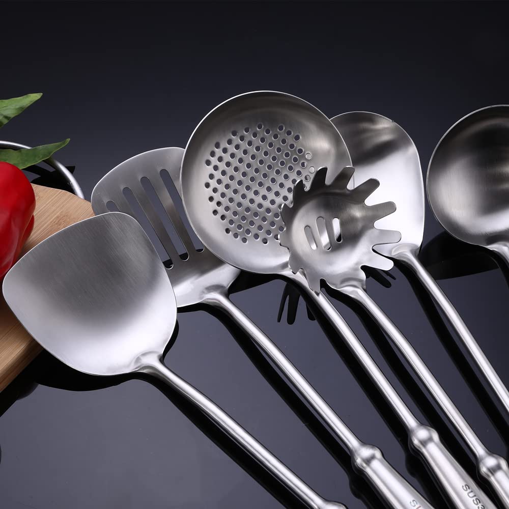 Cooking Utensils Set,7 PC 304 Stainless Steel Kitchen Utensils Set with Rotating Holder,Kitchen Tools Set,Wok Spatula,Soup Ladle,Slotted Spoon,Slotted Spatula,Server Spoon,Pasta Server