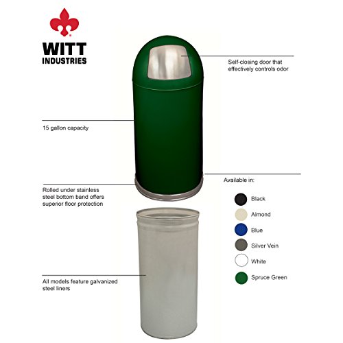 Witt Industries 15DTSGN Push Top Standard Receptacle, Steel, 15 gal, Spruce Green