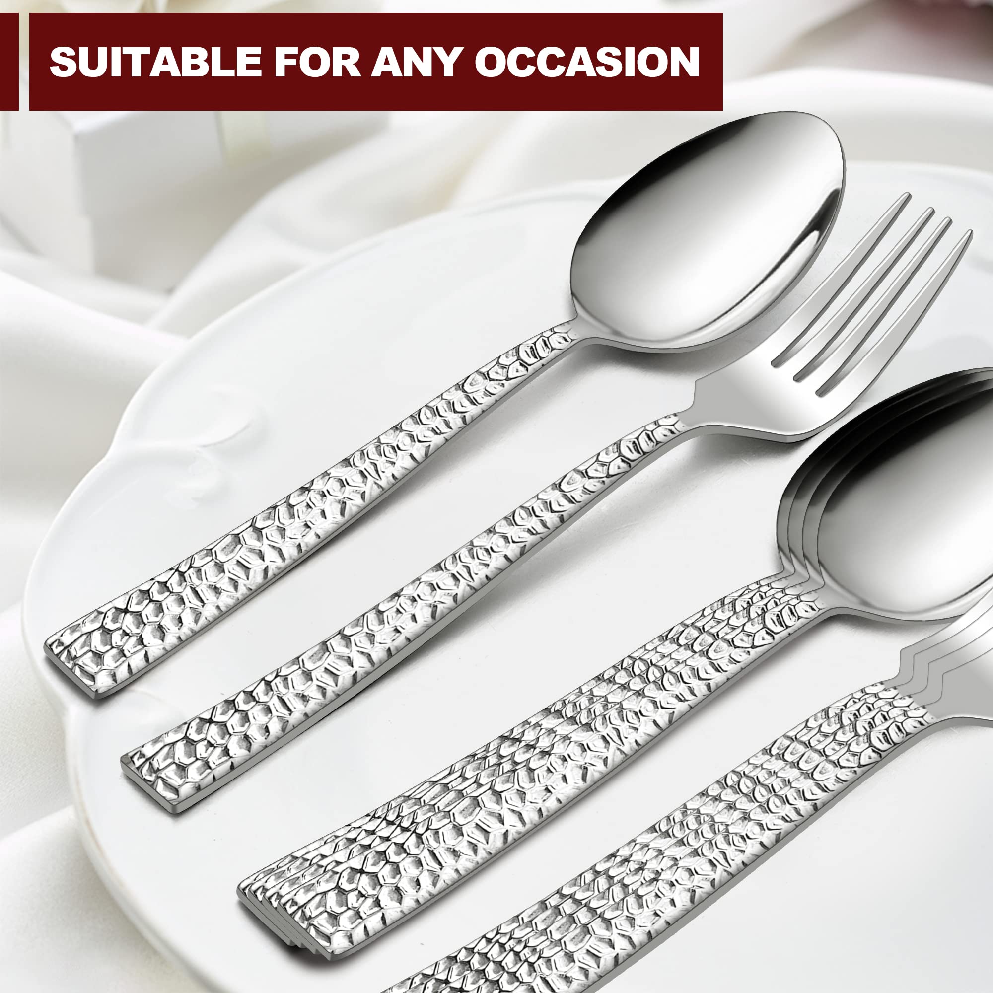 E-far 24-Piece Hammered Forks and Spoons Silverware Set, Stainless Steel Square 12 Dinner Forks and 12 Dinner Spoons, Modern Metal Flatware Cutlery for Kitchen and Restaurant, Dishwasher Safe-7.9 Inch