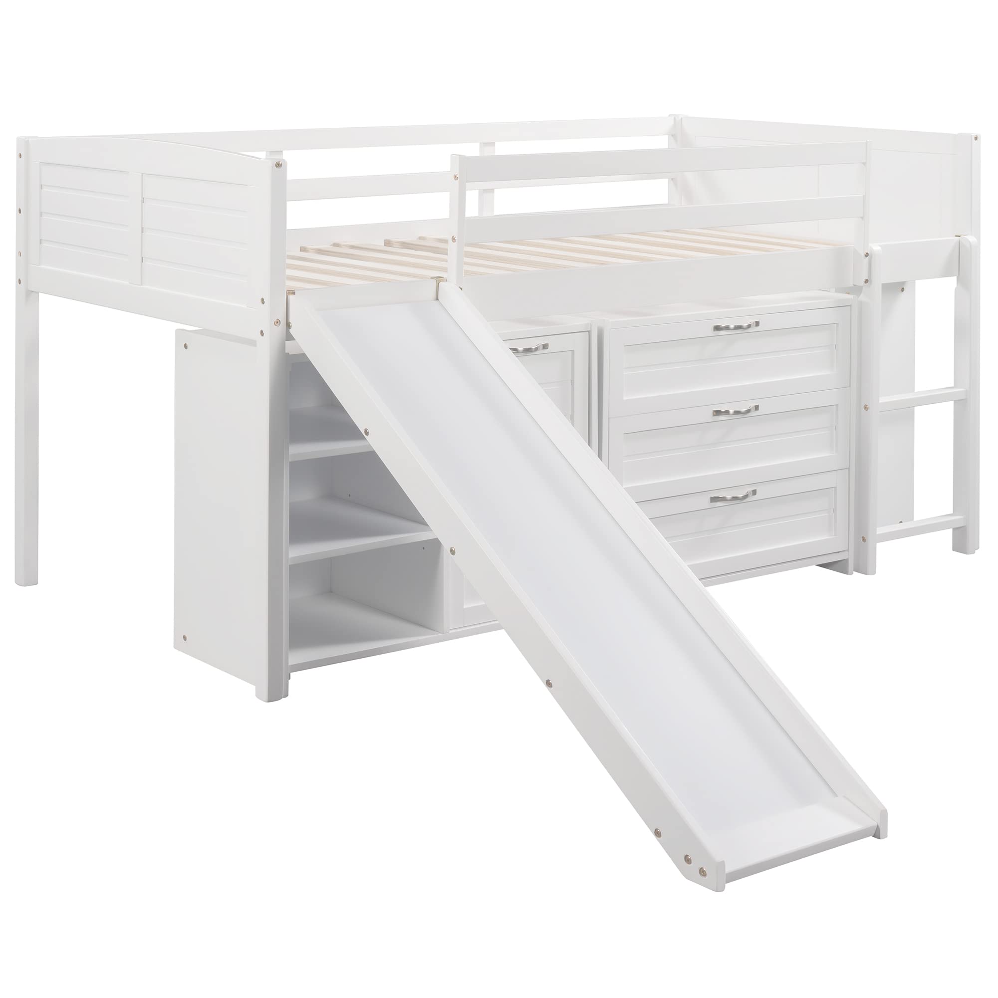 MERITLINE Twin Loft Bed with Slide, Kids Loft Bed with Storage Shelves and Drawers, Wood Low Loft Bed with Cabinet, Twin Size Loft Bed Frame for Living Room, Bedroom (White, New)