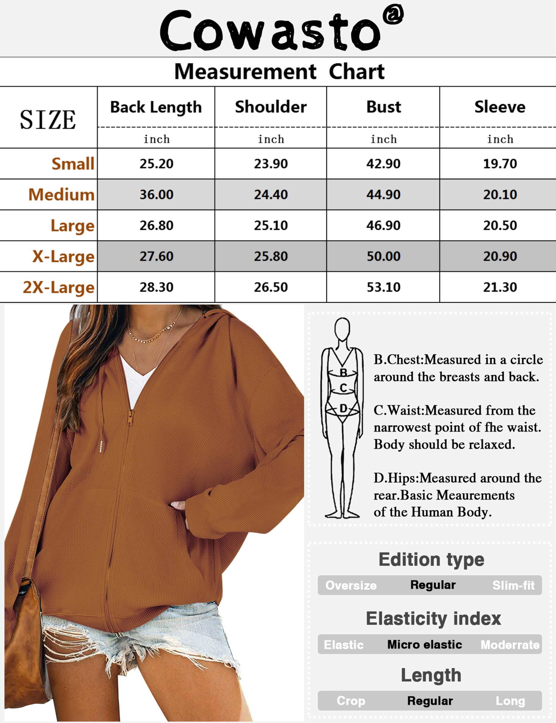 Cowasto Women Full Zip Up Hoodies Long Sleeve Casual Zipper Sweatshirt With Pocket Dark Brown